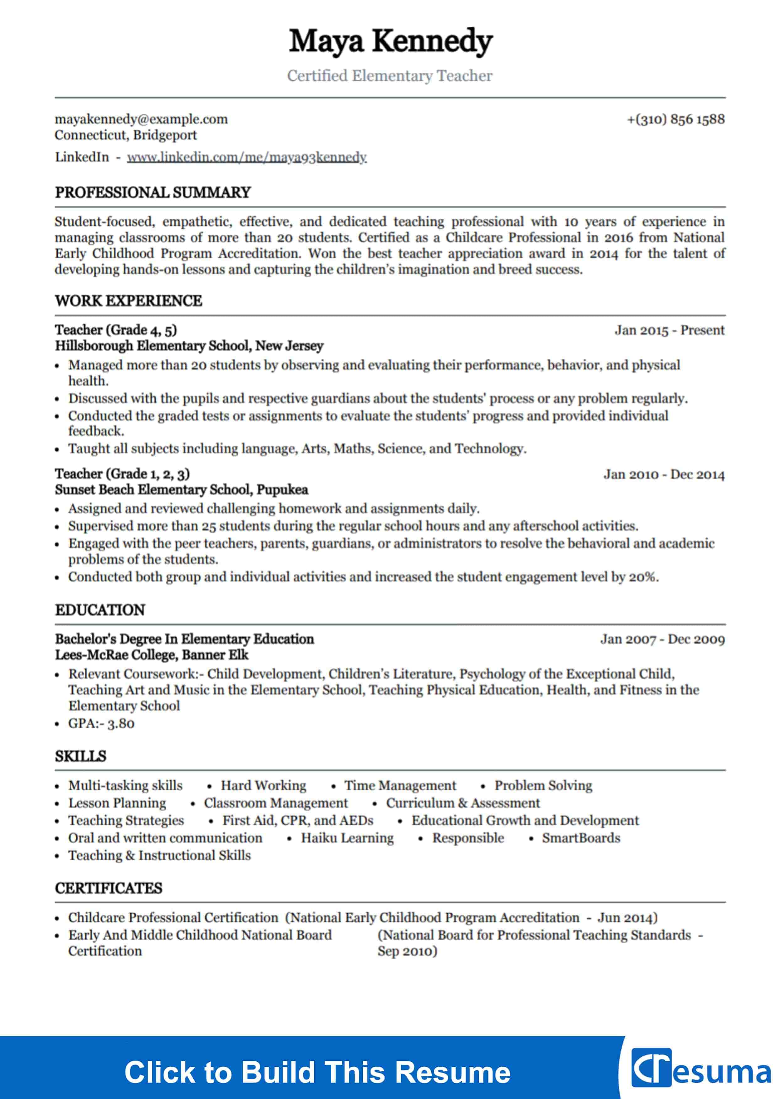 Elementary Teacher Resume Example 2023
